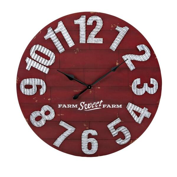 Rustic Style MDF Wood Wall Clock with Galvanized Iron Numbers, Red and ...