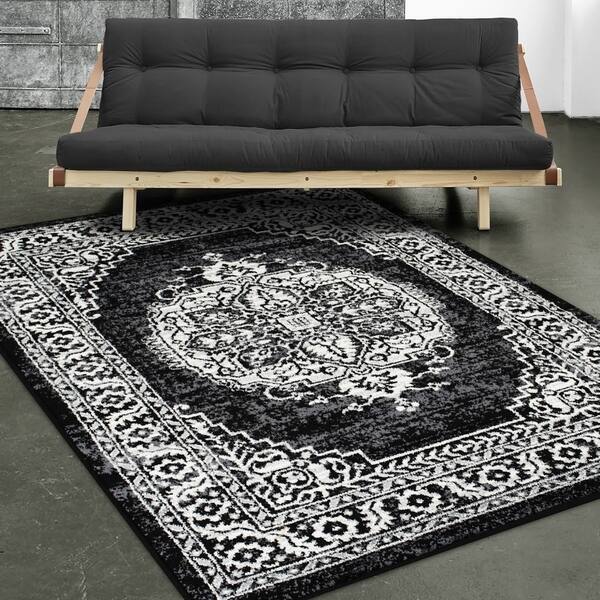 Allstar Rugs Black and White Medalion Bordered Traditional Rectangular ...