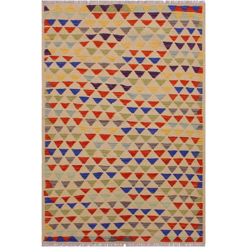 Kilim Ara Ivory/Blue Hand-Woven Wool Rug -3'2 x 4'11 - 3 ft. 2 in. X 4 ...