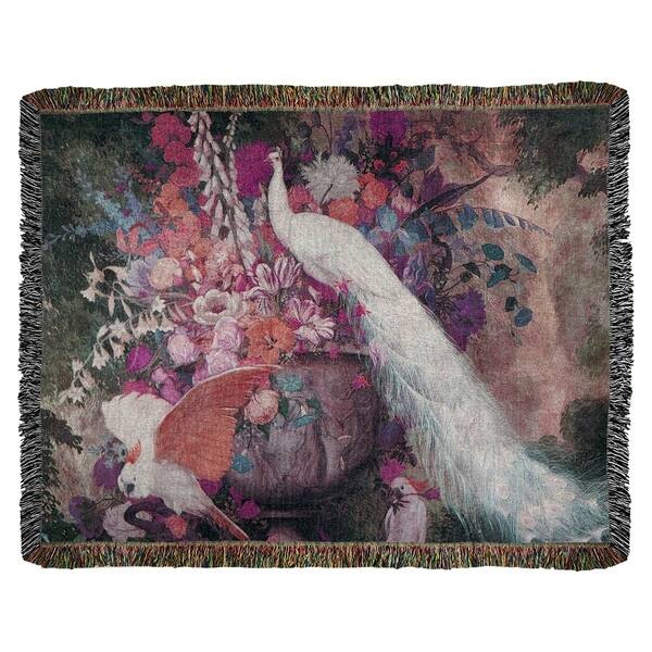 Jessie Arms Botke White Peacock with Pink Flowers Woven Blanket - Photo ...