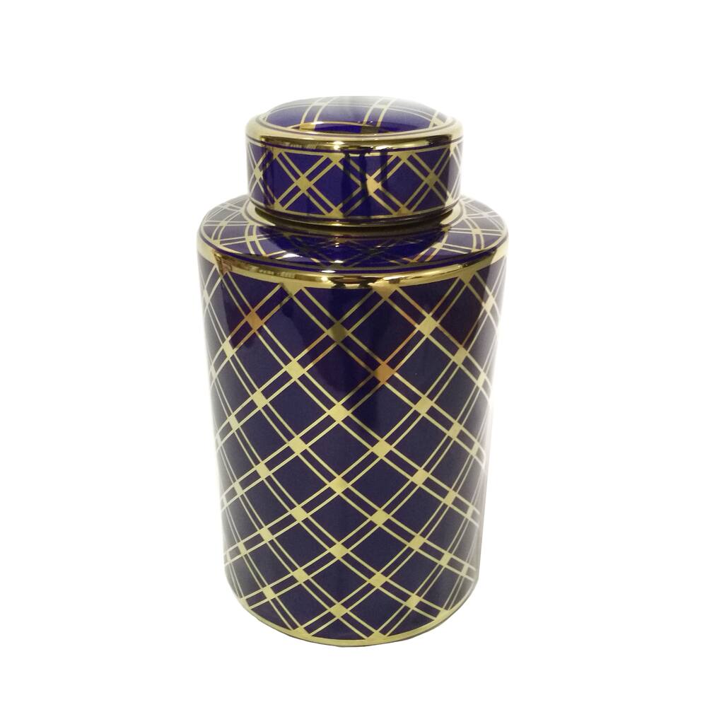 Round Fenced Texture Ceramic Jar with Covered Top Lid, Small, Blue and ...