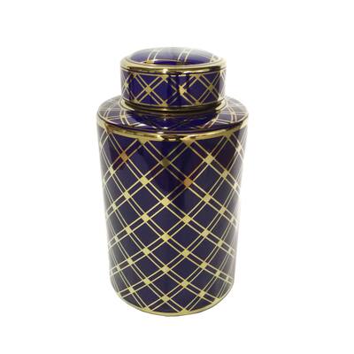 Round Fenced Texture Ceramic Jar with Covered Top Lid, Small, Blue and ...