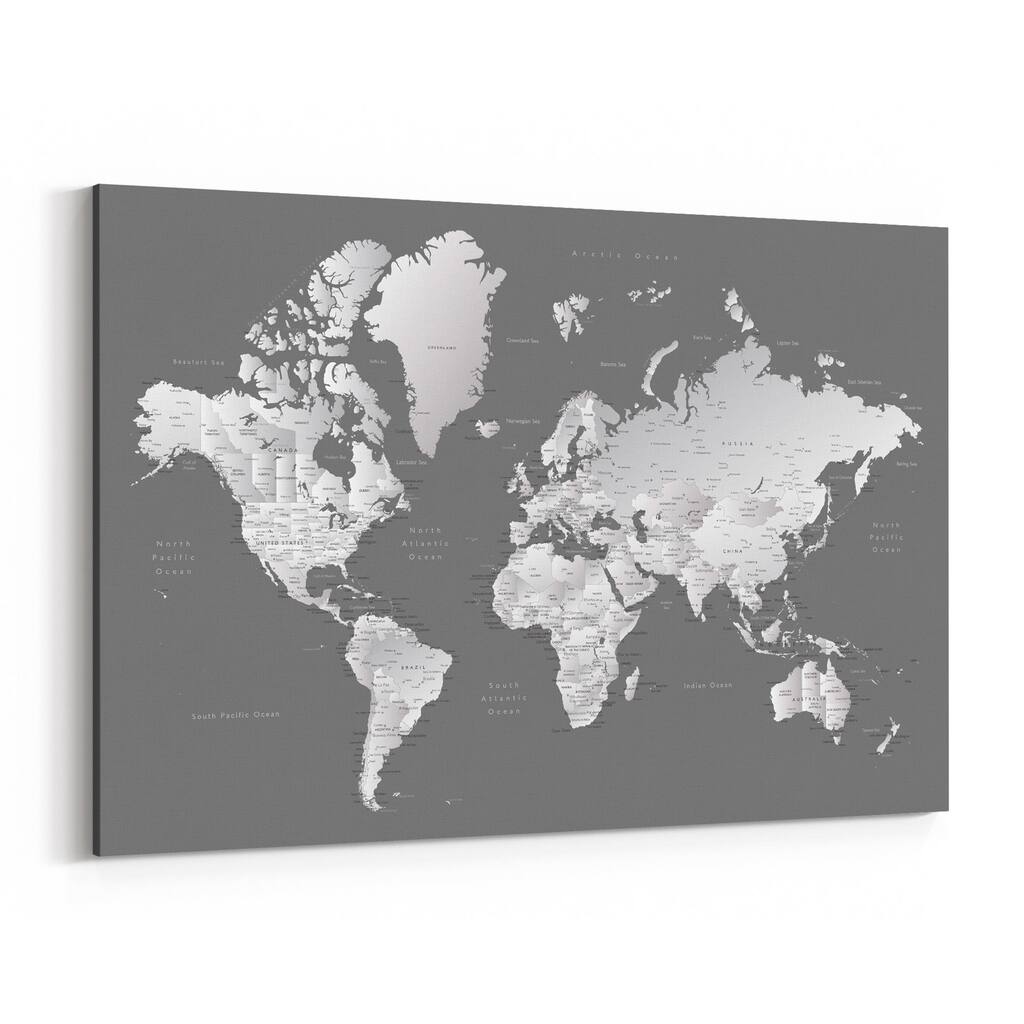 Noir Gallery Gray World Map with Cities Canvas Wall Art Print ...