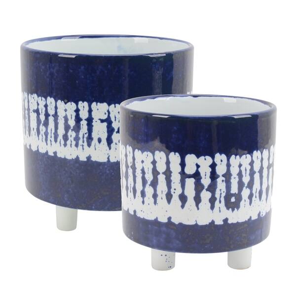 Contemporary Ceramic Footed Planters with Cylindrical Shape, Blue, Set ...