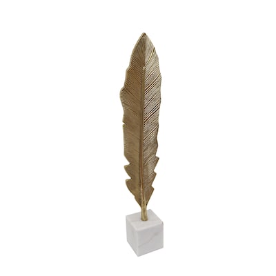 Decorative Metal Feather Sculpture on Marble Base, Gold and White ...
