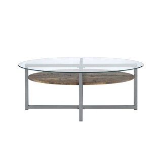 Metal Base Oval Coffee Table with Wooden Shelf and Glass Top, Black and ...
