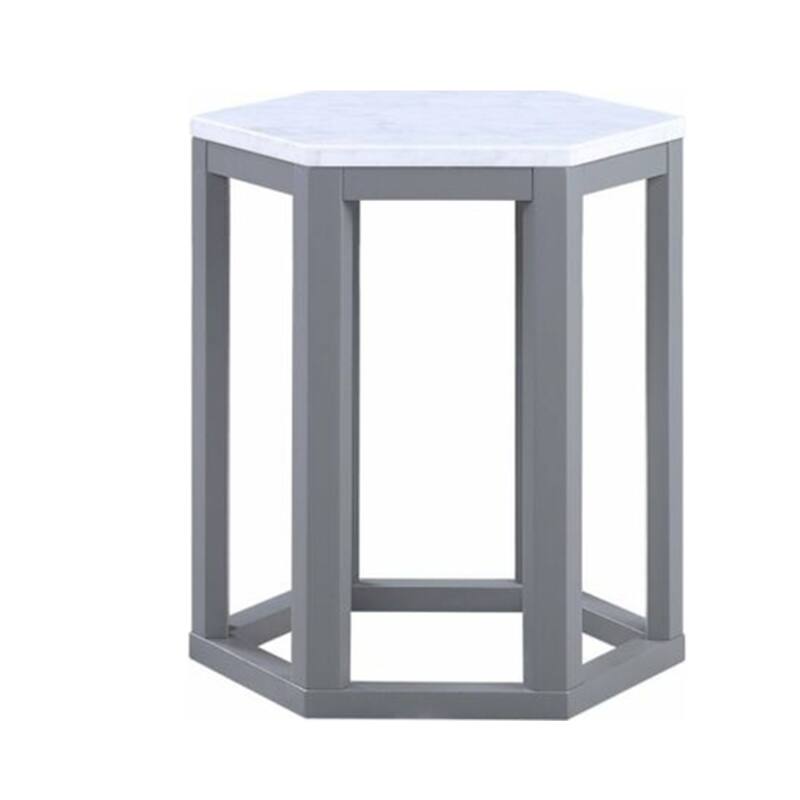 Hexagonal Shape Wooden End Table with Marble Top, Pack of Two, White ...