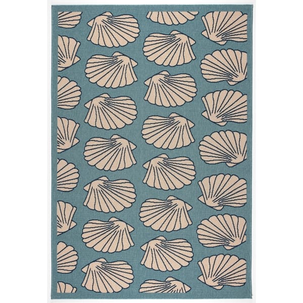 Clam Transitional Design Blue/Beige Indoor/Outdoor Area Rug - 5'3 x 7'7 ...