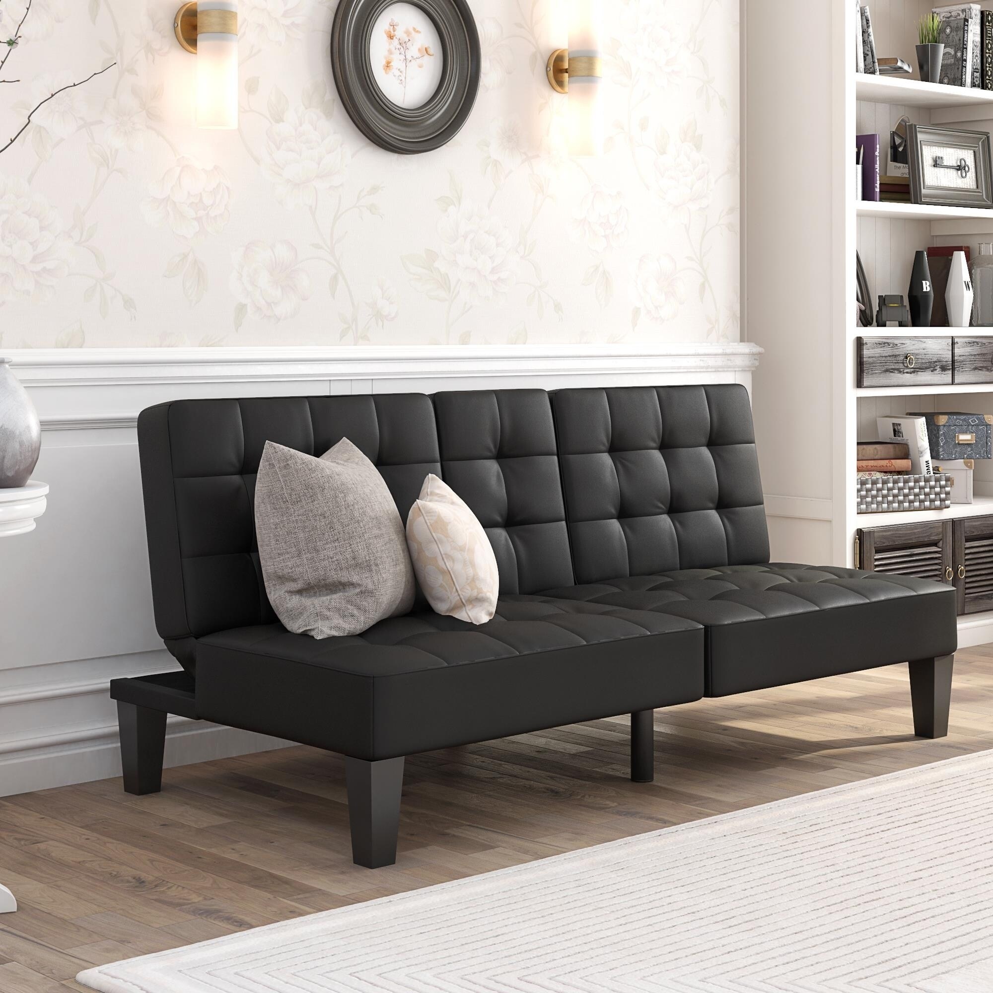Avenue Greene Julian Black Faux Leather Convertible Futon with Cup Holder Bed Bath Beyond 27962986