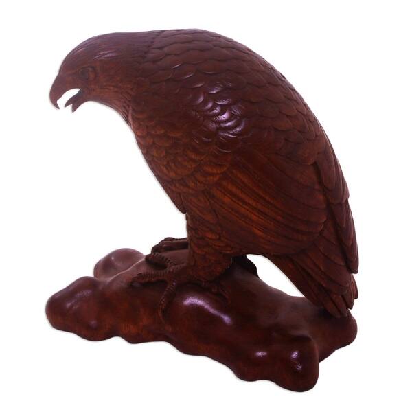 Handmade Mighty Eagle Wood Sculpture (Indonesia) - 9" H x 7.75" W x 3.9 ...