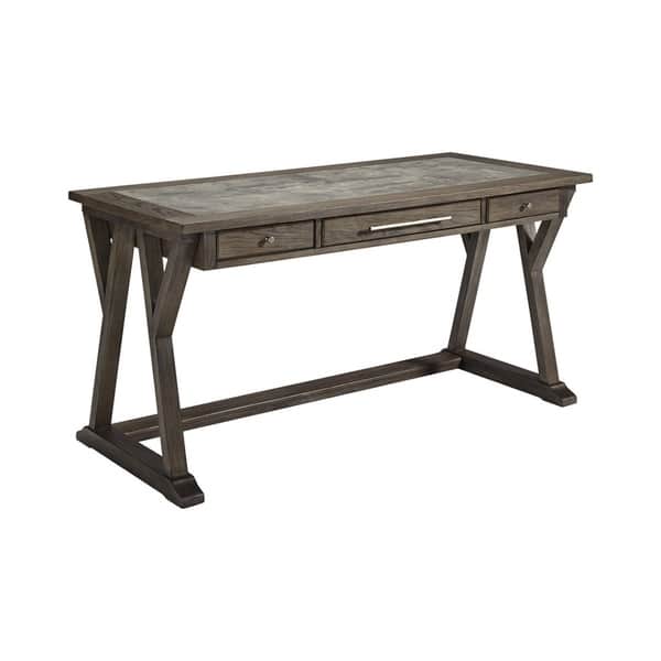 Three Drawer Wooden Desk with Cross Brace Stretcher and Faux Bluestone ...