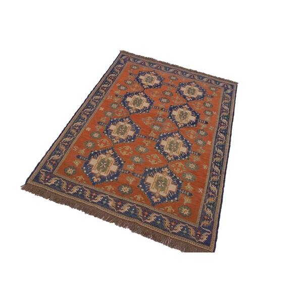 Semi-Antique Soumakh Sally Rust/Blue Wool Rug (6'7 x 9'2) - 6'7" x 9'2 ...