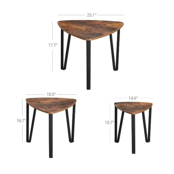 Triangular Wooden Nesting Tables with Iron Legs, Brown and Black, Set ...