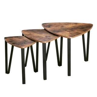 Triangular Wooden Nesting Tables with Iron Legs, Brown and Black, Set ...