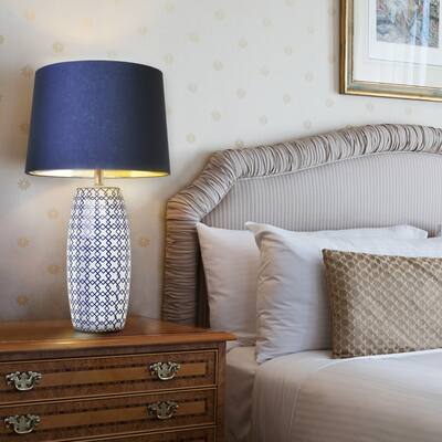 Glitzhome Ceramic Table Lamp w/Navy Blue Shiny Gold Linen Shade ...