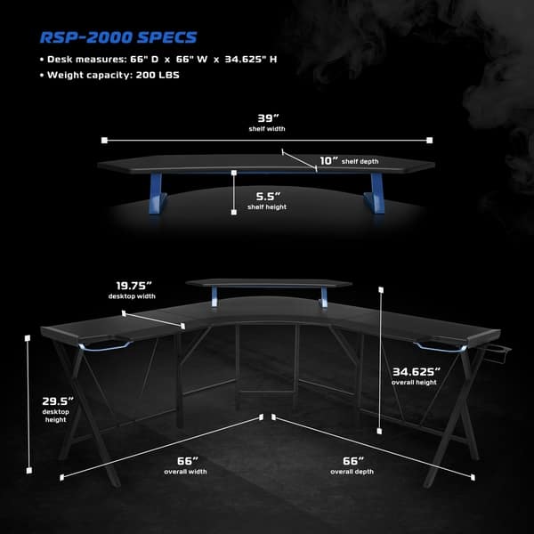 RESPAWN 2000 Gaming Computer Desk, L-Shaped Desk, in Blue (RSP-2000-BLU ...