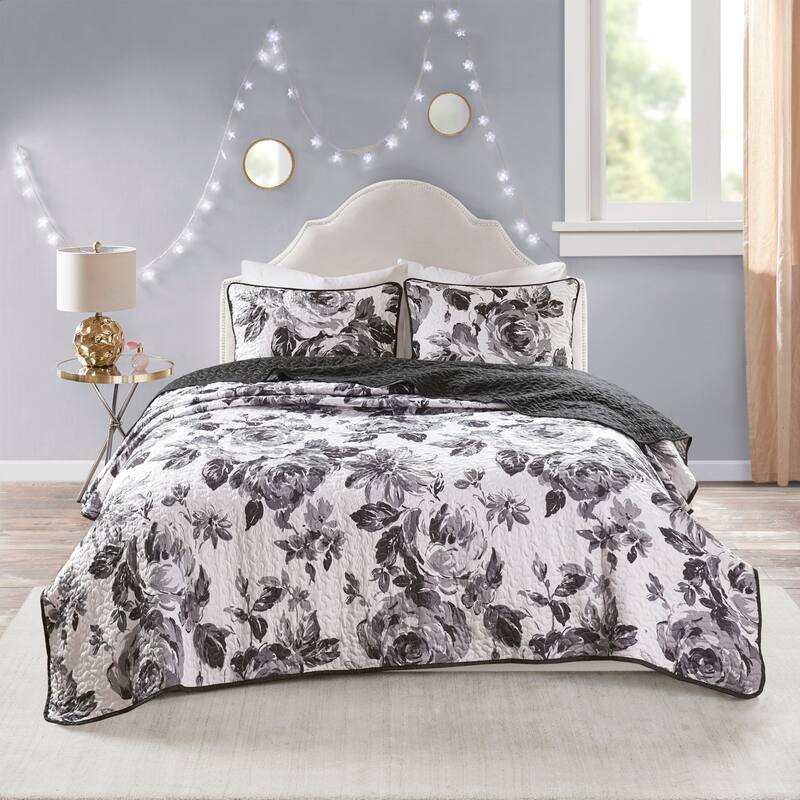 Intelligent Design Renee Black/ White Reversible Printed Coverlet Set ...