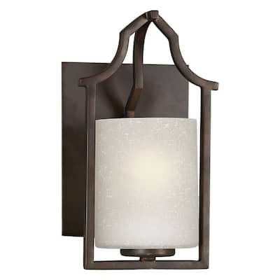 1-Light Antique Bronze Wall Sconce with Umber Linen Glass - Overstock ...