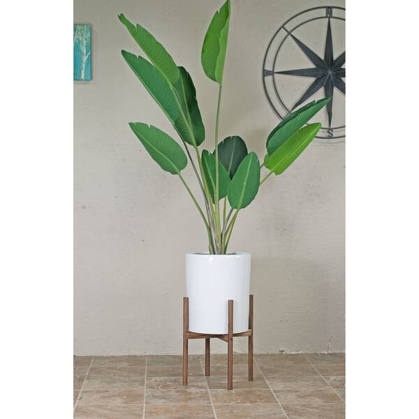 Large Tall White Ceramic Pot 12" with Wood Stand Dark Walnut Color ...