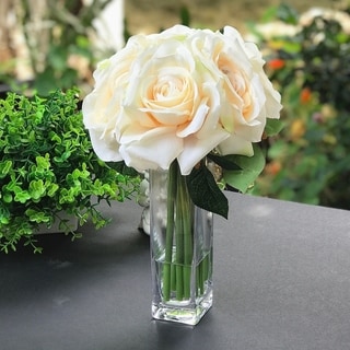 Enova Home Artificial Silk Open Roses Fake Flowers in Clear Glass Vase ...