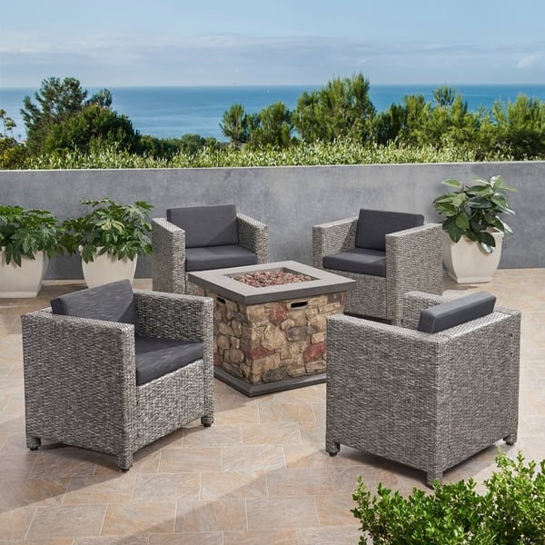 Wentz Outdoor Wicker 4 Club Chair Chat Set with Fire Pit by Christopher Knight Home - On Sale ...