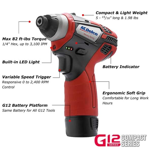 ACDelco G12 Compact 12V Li-ion Cordless Impact Driver, 82 ft-lbs torque ...