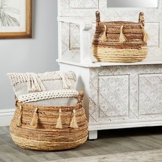 Natural Brown & Beige Banana Leaf Wicker 2-piece Storage Baskets Set ...