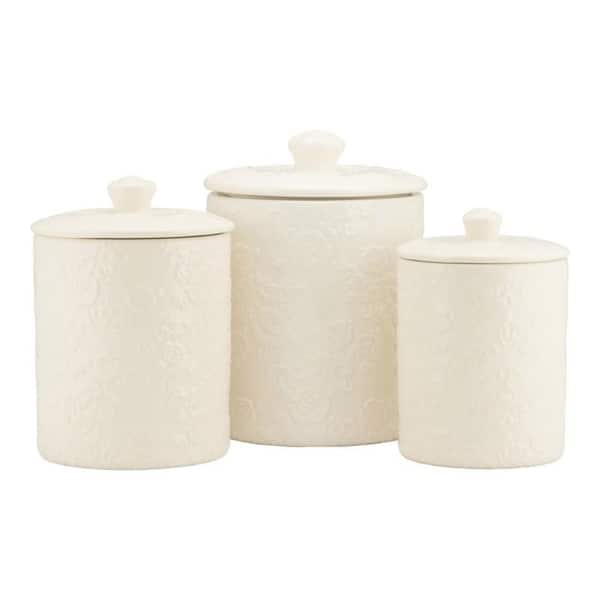 10 Strawberry Street Rose Embossed 3 Piece Ceramic Canister Set, White ...