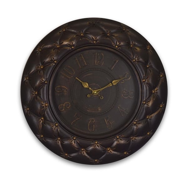 Dark Brown Round Wall Clock Elegant Tufted Texture Battery Operated ...