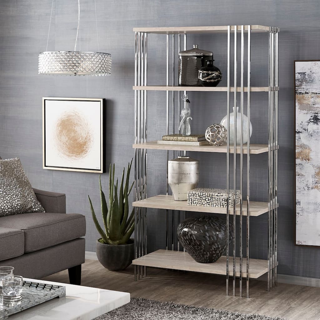 Rhianna Chrome Finish 36-inch Bookcase with Faux Marble Shelves by ...