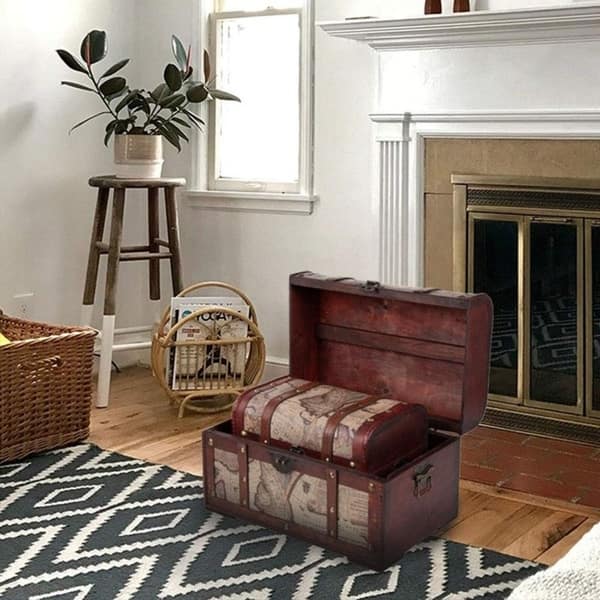 Juvale Wooden Chest Trunk, 3-Piece Storage Trunk and Chests - Map ...