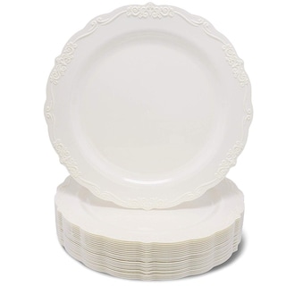 25 Pack Wedding Dinnerware, Cream Plastic Plates for Parties, Birthdays ...