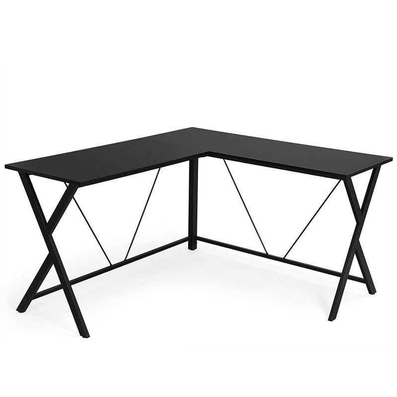 L Shaped Wooden Corner Desk with Geometric Metal Frame, Black ...