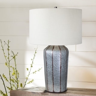 29" Vintage Galvanized Table Lamp W/ White Textured Linen Drum Shade ...