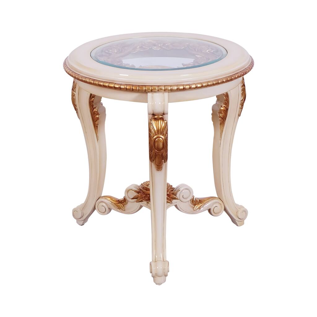 Traditional Wooden Round End Table with Ribbed Edges, Cream and Gold ...