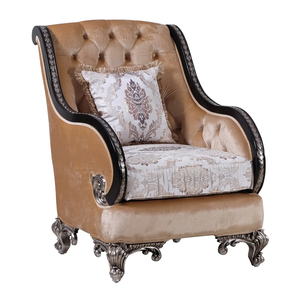 Classic Wooden Curved Chair with Intricate Engravings,Beige and Black ...