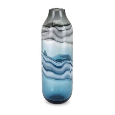 Textured Glass Vase with Round Opening, Blue and Gray, Large ...