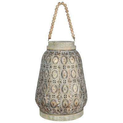 UTC41119: Metal Round Lantern with Wooden Rim Top and Base, Beads ...