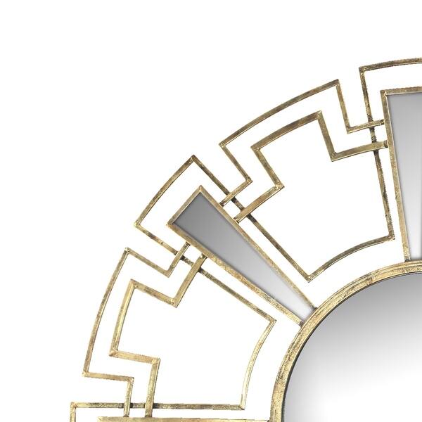 Round Sunburst Wall Mirror with Geometric Design Metal Frame, Gold ...
