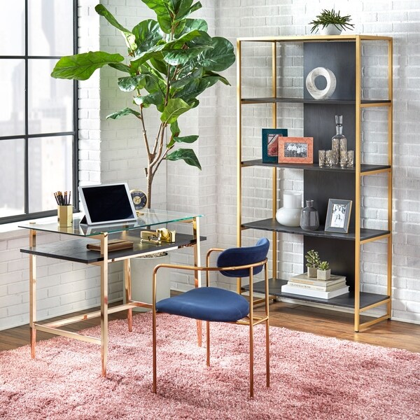 TMS Thayer Mid Century Glass Writing Desk Black and Gold Finish