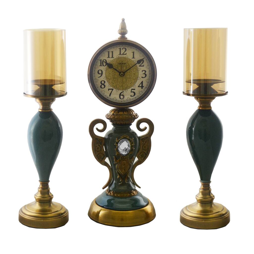 Ceramic & Brass Clock & Two Candle Holders 3-Pc Set, Dark Turquoise ...