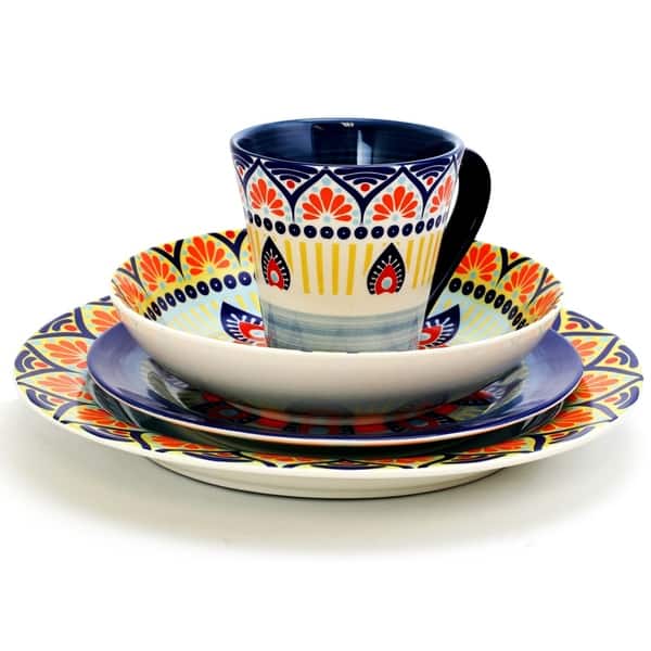 Elama Zen Blue Mozaik 16 Piece Round Stoneware Dinnerware Set - Bed ...