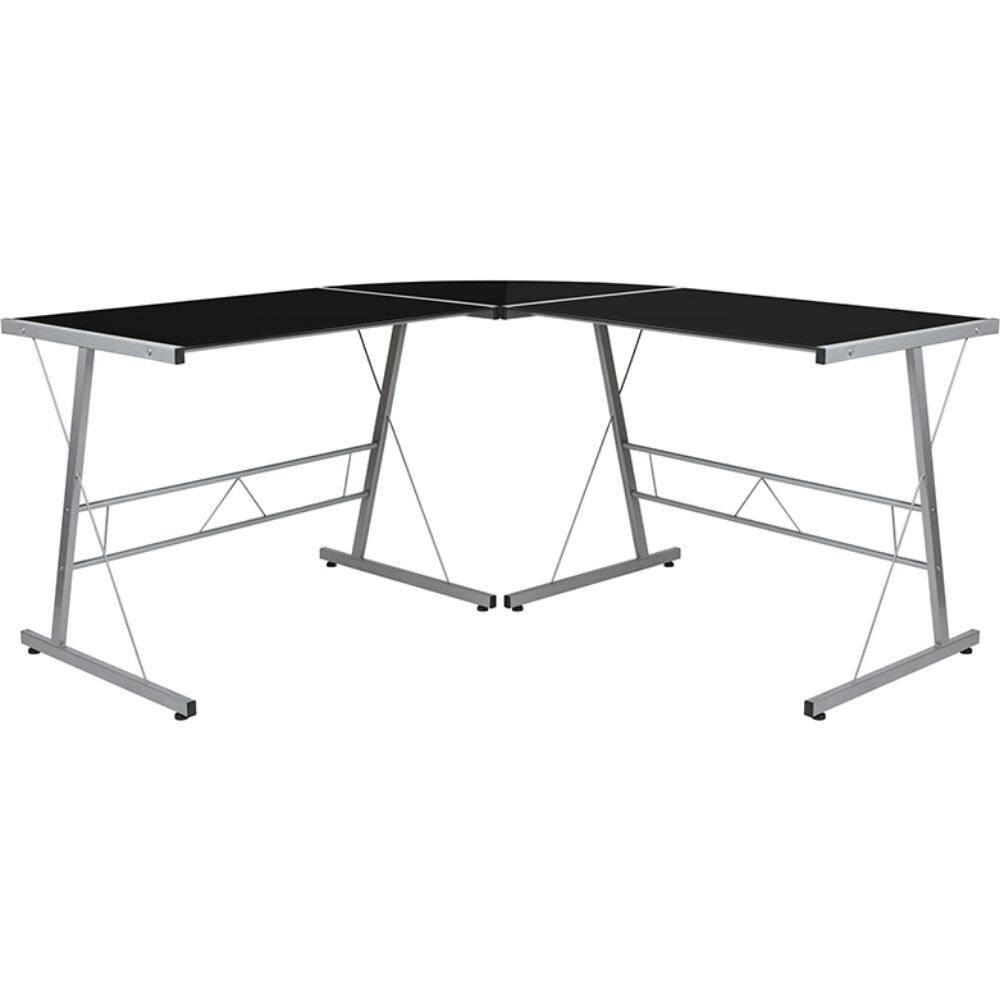 Offex Black Glass L-Shape Corner Computer Desk with Silver Metal Frame ...