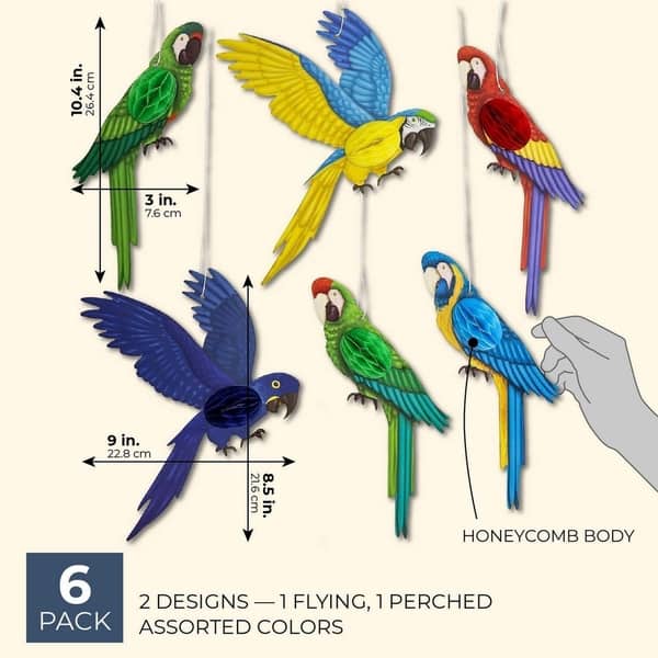 6-Pack Tropical Birds Parrot Honeycomb Paper Cutouts Hanging Party ...