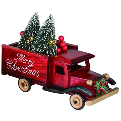 Transpac Wood Red Christmas Truck with Light Up Christmas Tree - N/A ...