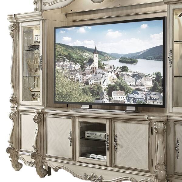 Wood and Glass Entertainment Center with Scrollwork Details, White ...