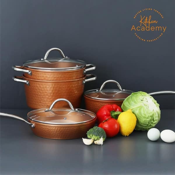 Kitchen Academy Red Ceramic Hammered 6 Piece Nonstick Induction ...