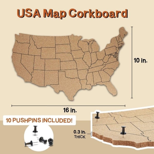 Cork USA Travel Map Bulletin Board for Wall Display with 10 Push Pins ...