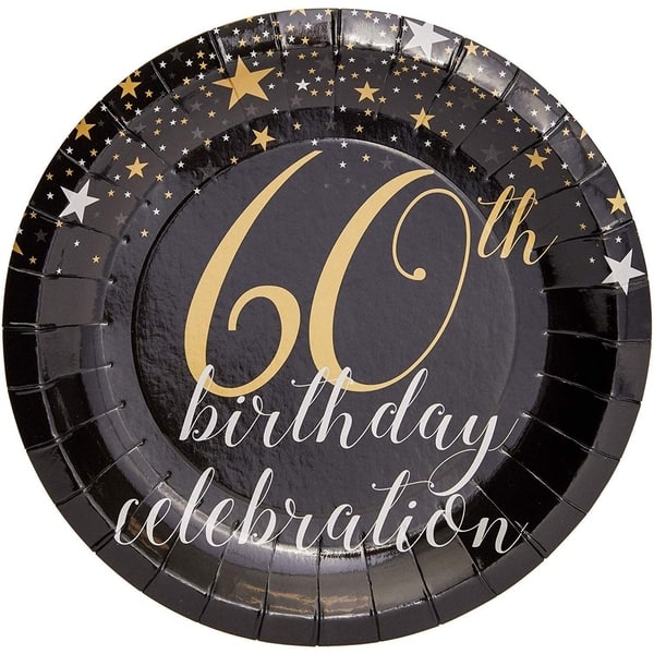Sparkle and Bash 60th Birthday Paper Plates (80 Count), 7", Gold Black ...