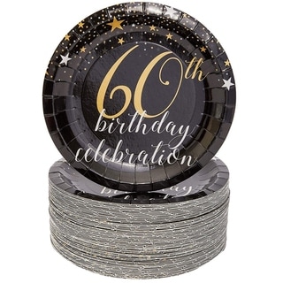 Sparkle and Bash 60th Birthday Paper Plates (80 Count), 7", Gold Black ...